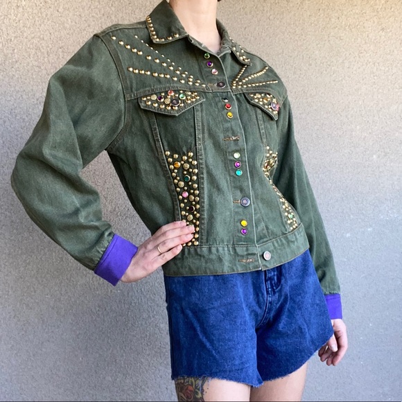 Jackets & Coats | Vintage Green Denim Bedazzled Jacket | Poshmark